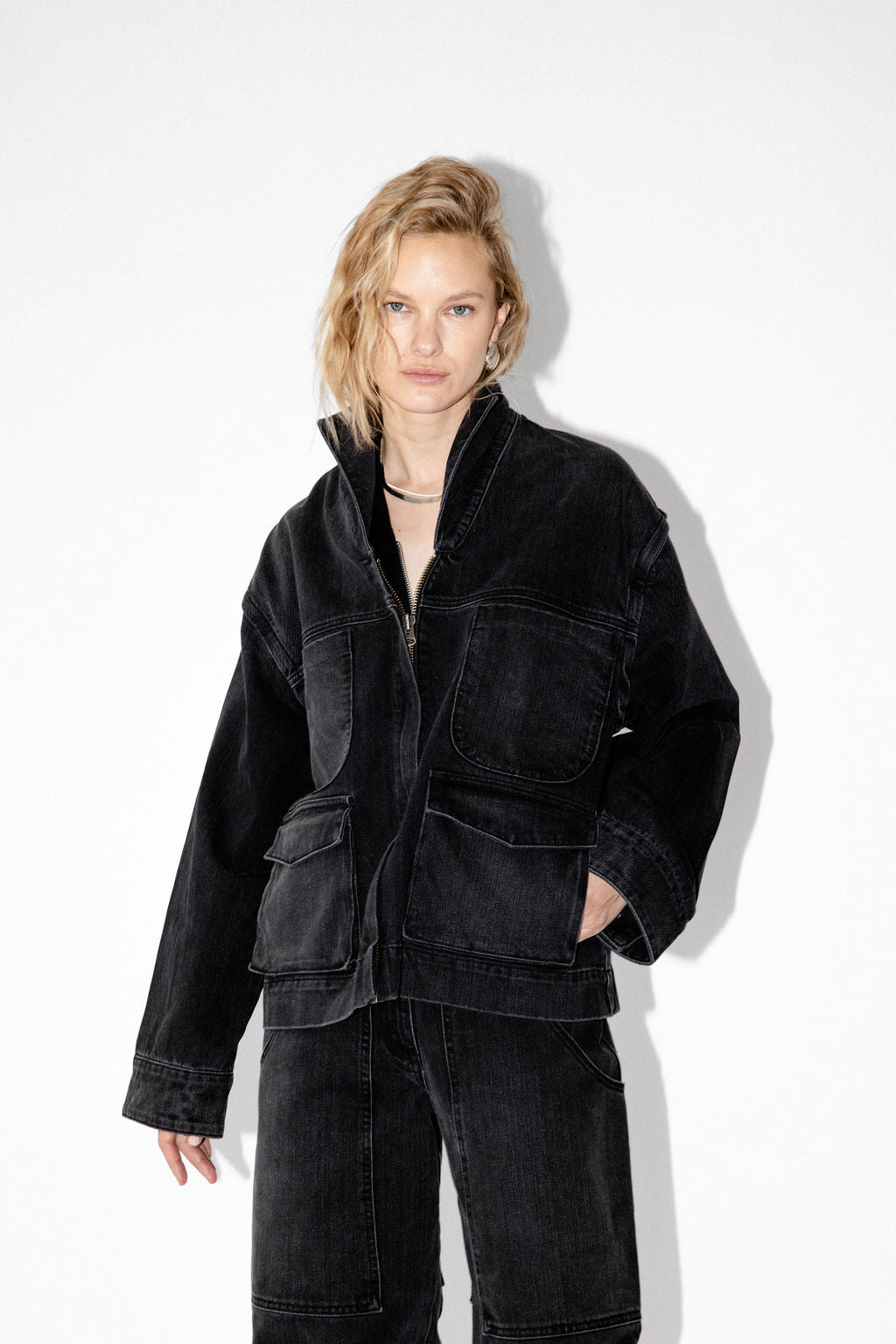 CARGO DENIM JACKET - WASHED BLACK – James Street Co